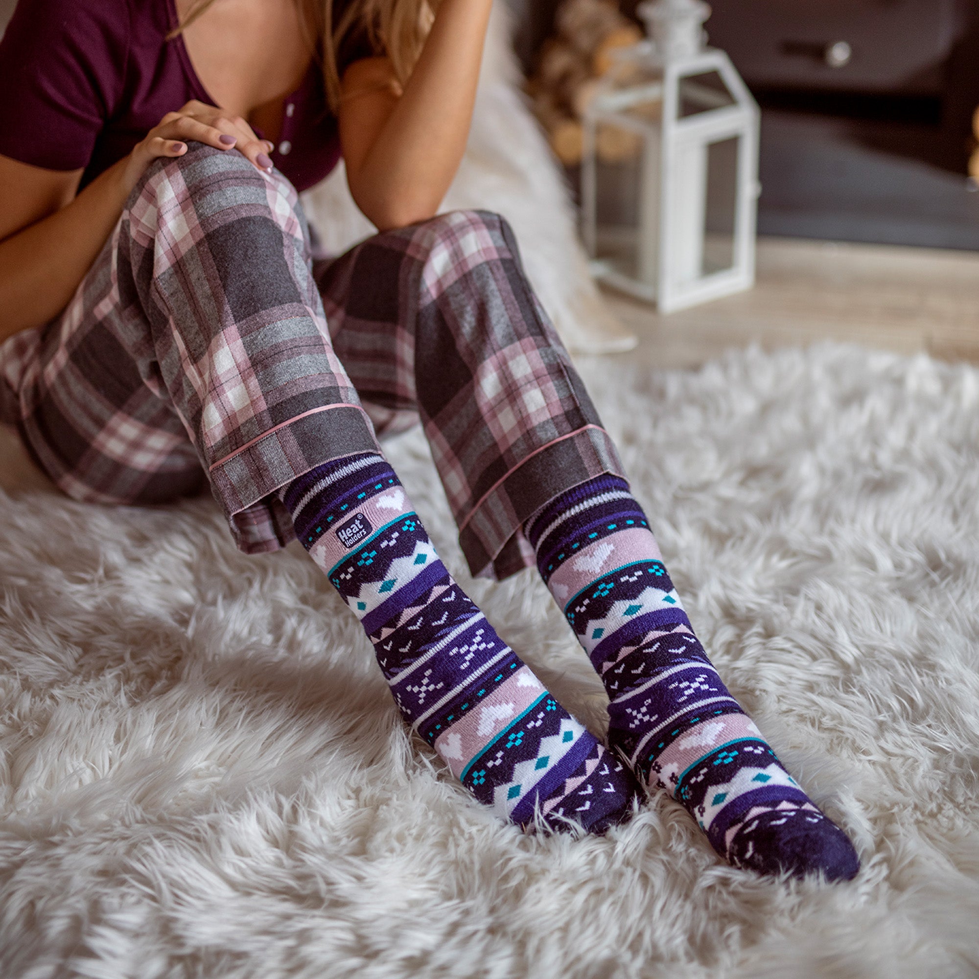 Ladies Soul Warming Dual Layer Slipper Socks Navy Purple Heat Holders