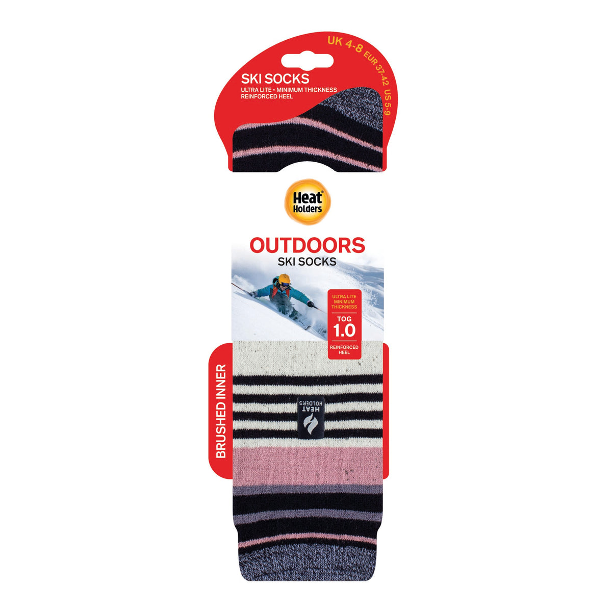 Ladies Ultra Lite Long Ski Socks - Black & Pink Stripe – Heat Holders